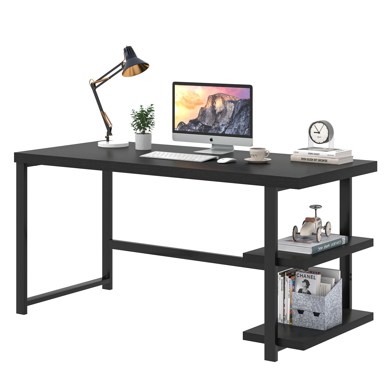 EXCEFUR Industrial Computer Desk, Home Office Desk with Storage Shelves, Wood Study Writing Table for Bedroom, Living Room, Grey, 53 Inch