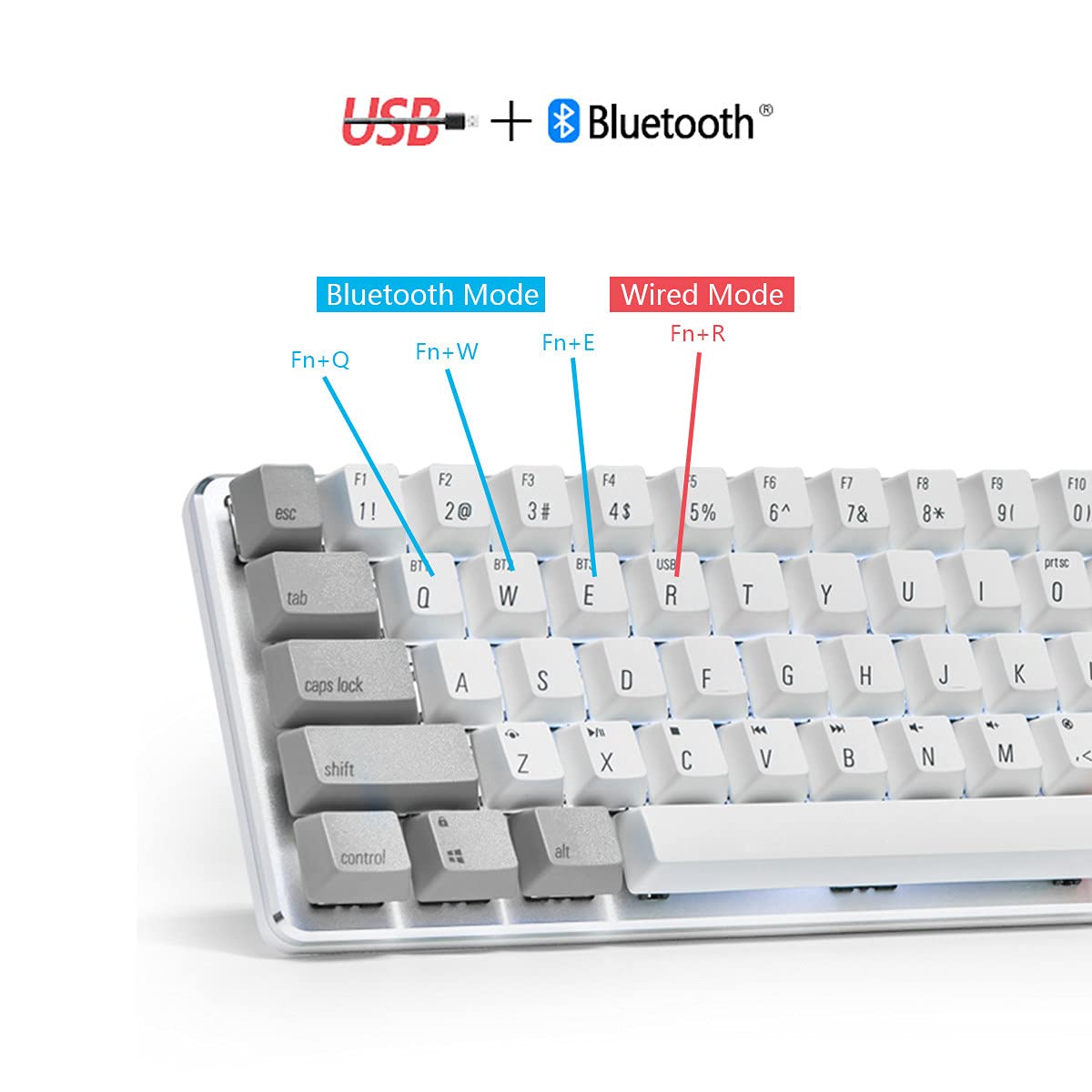 Qisan Happy Deals 20% Discount Off Mechanical Gaming Keyboard Gateron Brown Switch Wired/Wireless Bluetooth Keyboard 68-Keys Mini Design(60%) PBT Keycaps White/Gray Color for Gaming/Office Magicforce