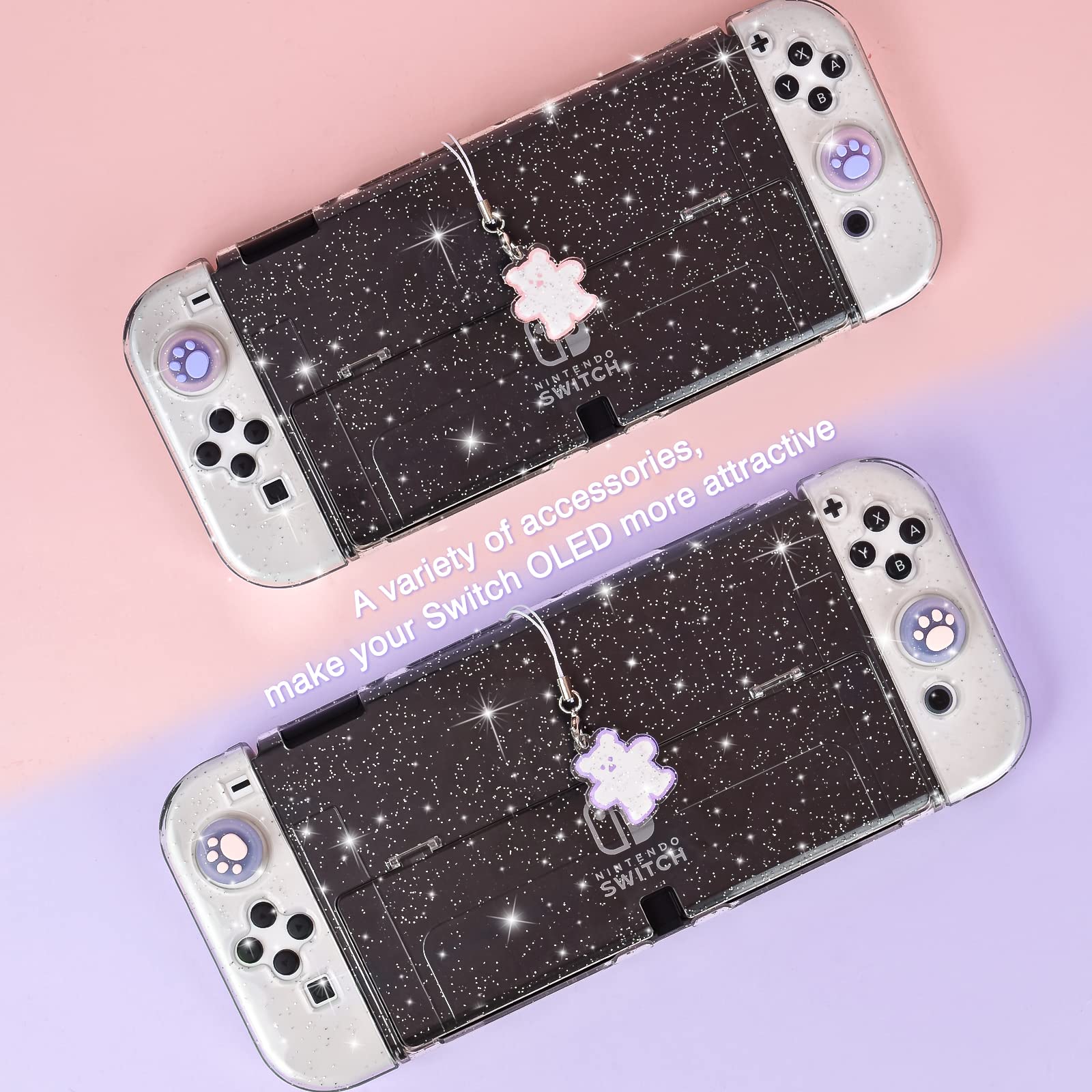 DLseego Glitter Theme Switch OLED Case Set Bling Protective Dockable Crystal Cover with Pink & Purple Shiny Cat Claw Thumb Grips and Sparkly Bear Charm