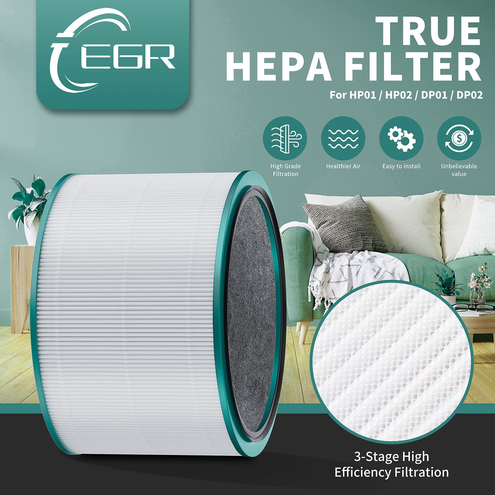 EGR HP01 HP02 Filter Replacement Compatible with Dyson Pure Cool Link DP01, DP02 and Dyson Pure Hot + Cool Link HP01, HP02, 3-in-1 H13 True HEPA Filter (1 PACK)