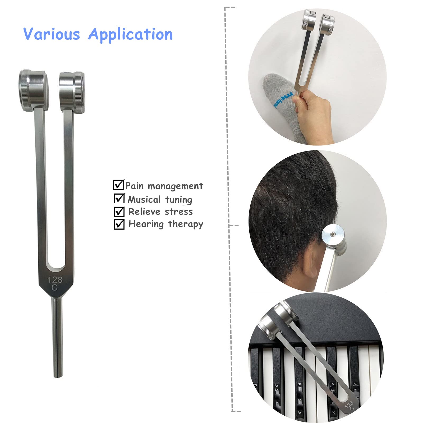 Craymin 128 Hz Tuning Fork with Silicone Hammer, Repair Tool and Cleaning Cloth Packed in Soft Zipper Velvet Bag (Siver)