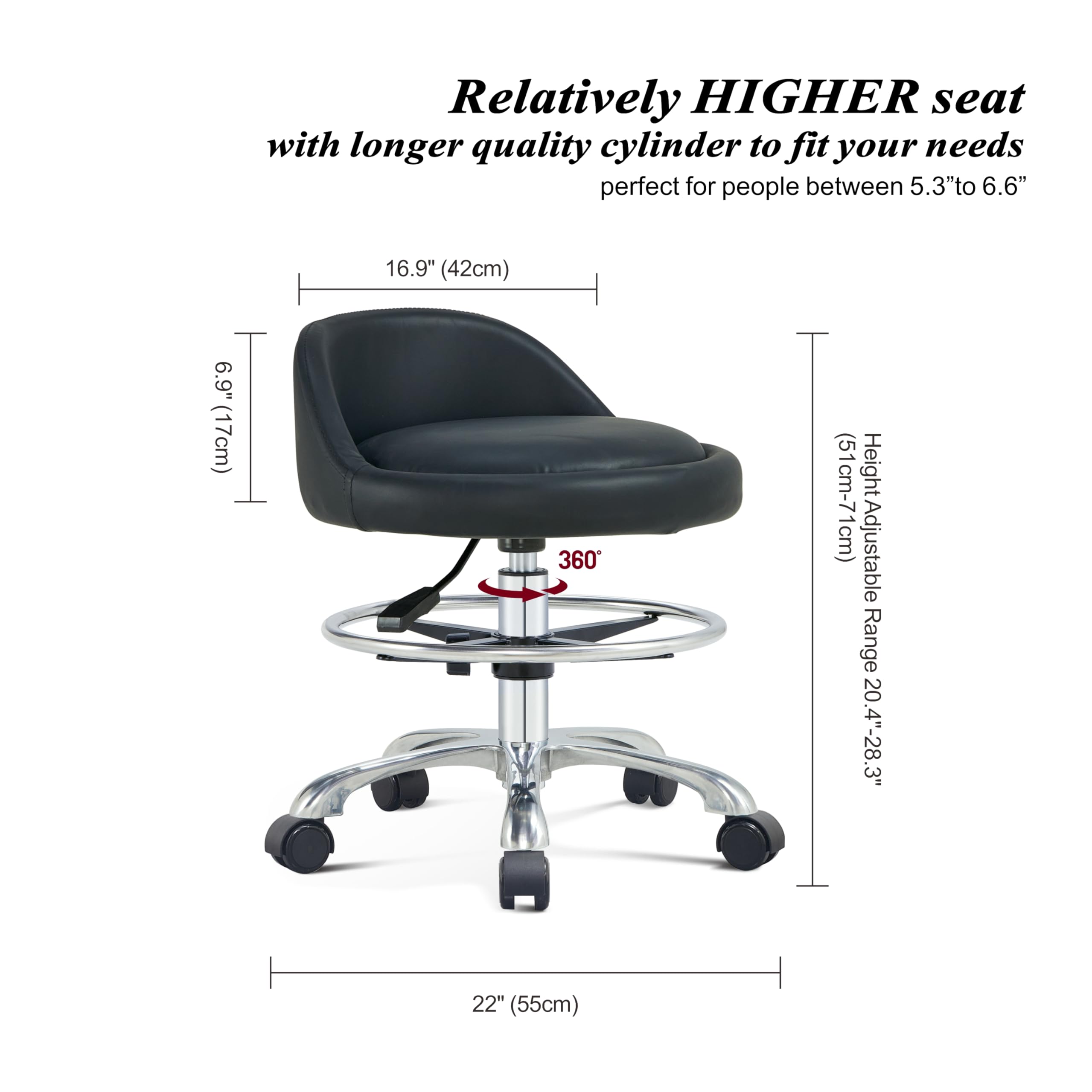 Kastele Height Adjustable Rolling Desk Stool Swivel Chair with Backrest and Casters Heavy Duty for Salon, Spa, Massage,Tattoo,Esthetician,Shop,Kitchen (Backrest with Casters, Black)