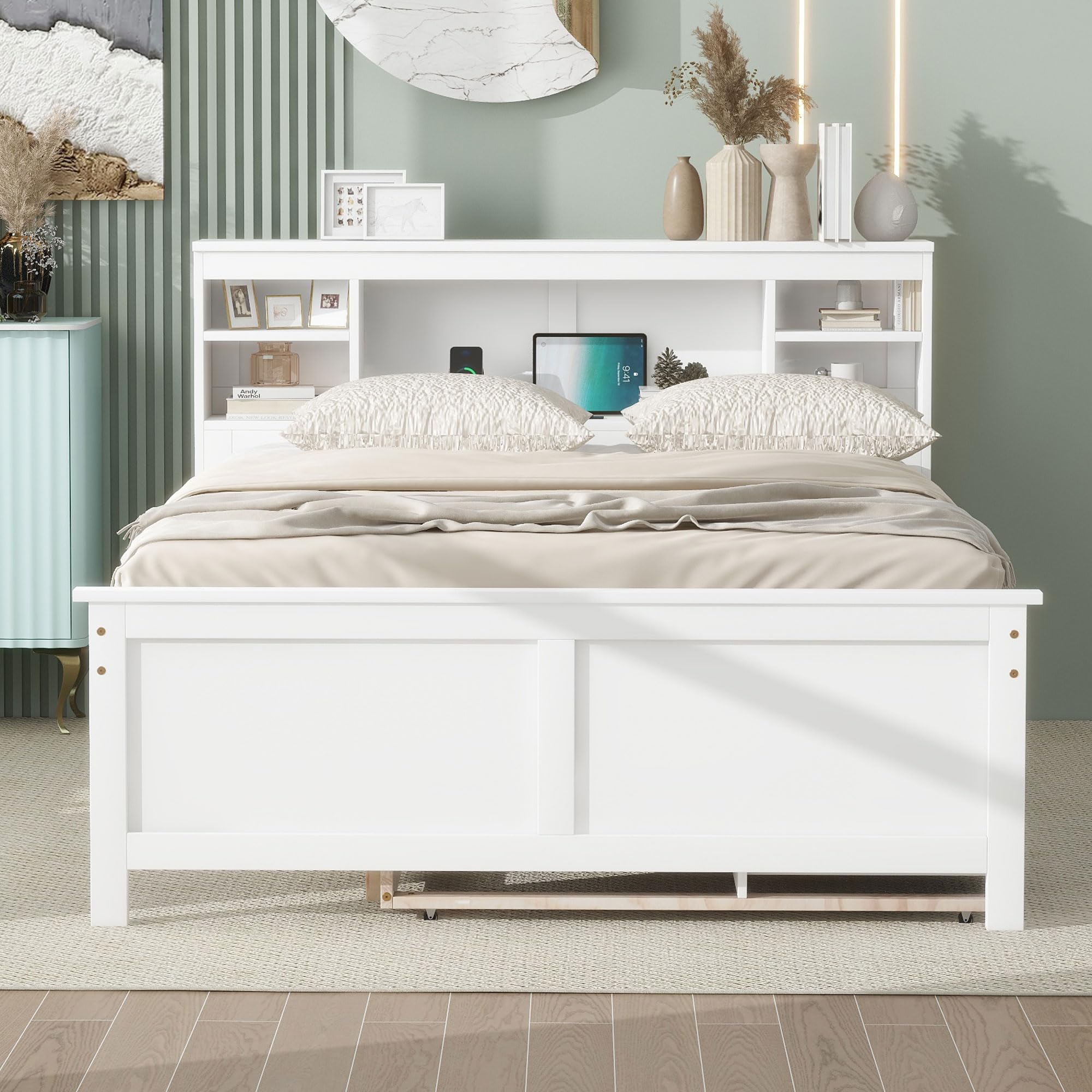 Harper & Bright Designs Full Size Bed with Bookcase Headboard, Wooden Full Platform Bed with Trundle and Drawers,Full Storage Bed with USB Ports Outlets for Kids Girls Boys,White