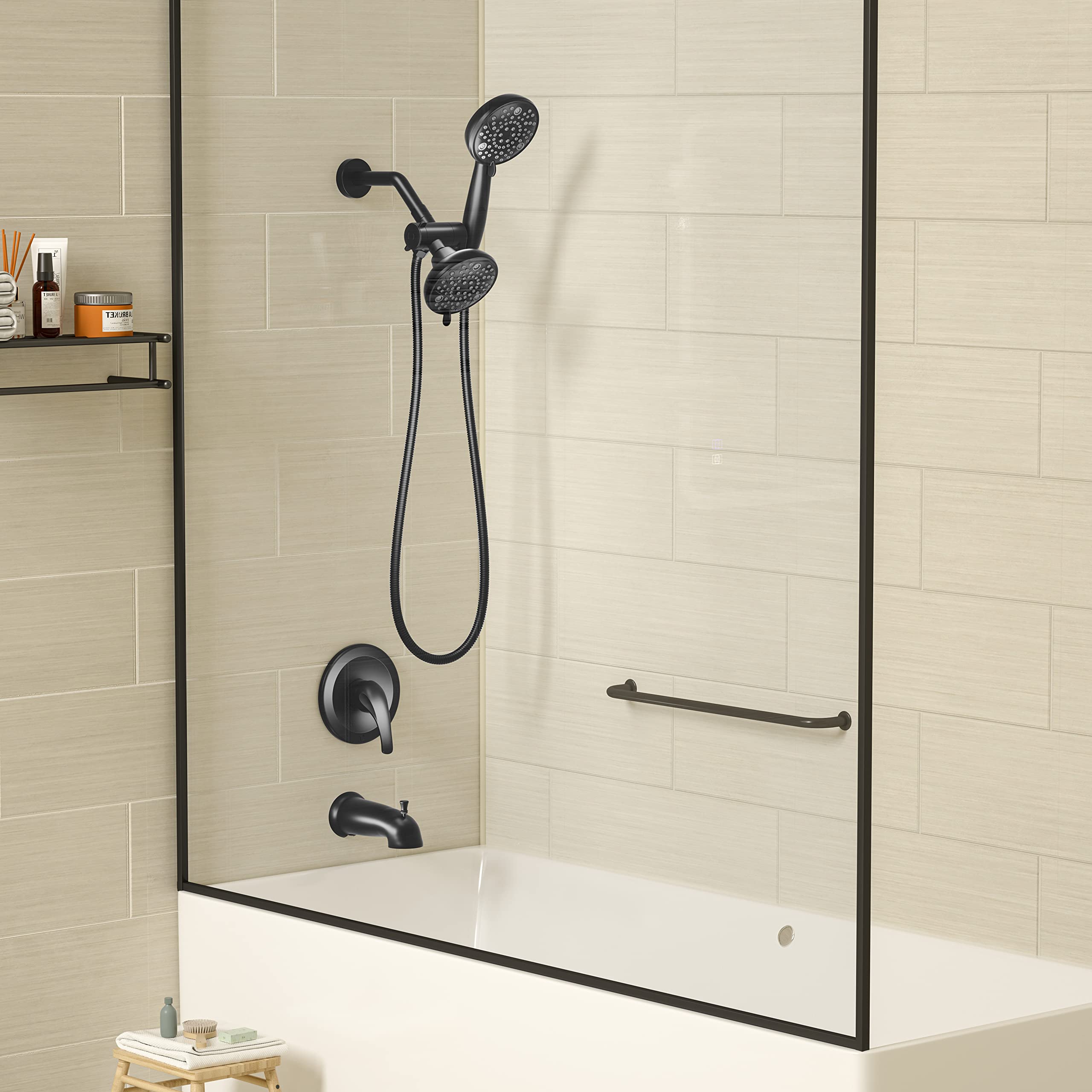 EMBATHER Tub and Shower Faucet Set, Dual Shower Head with Bathtub Faucet Set, Single-handle Control Shower Valve and Trim Kit, Matte Black
