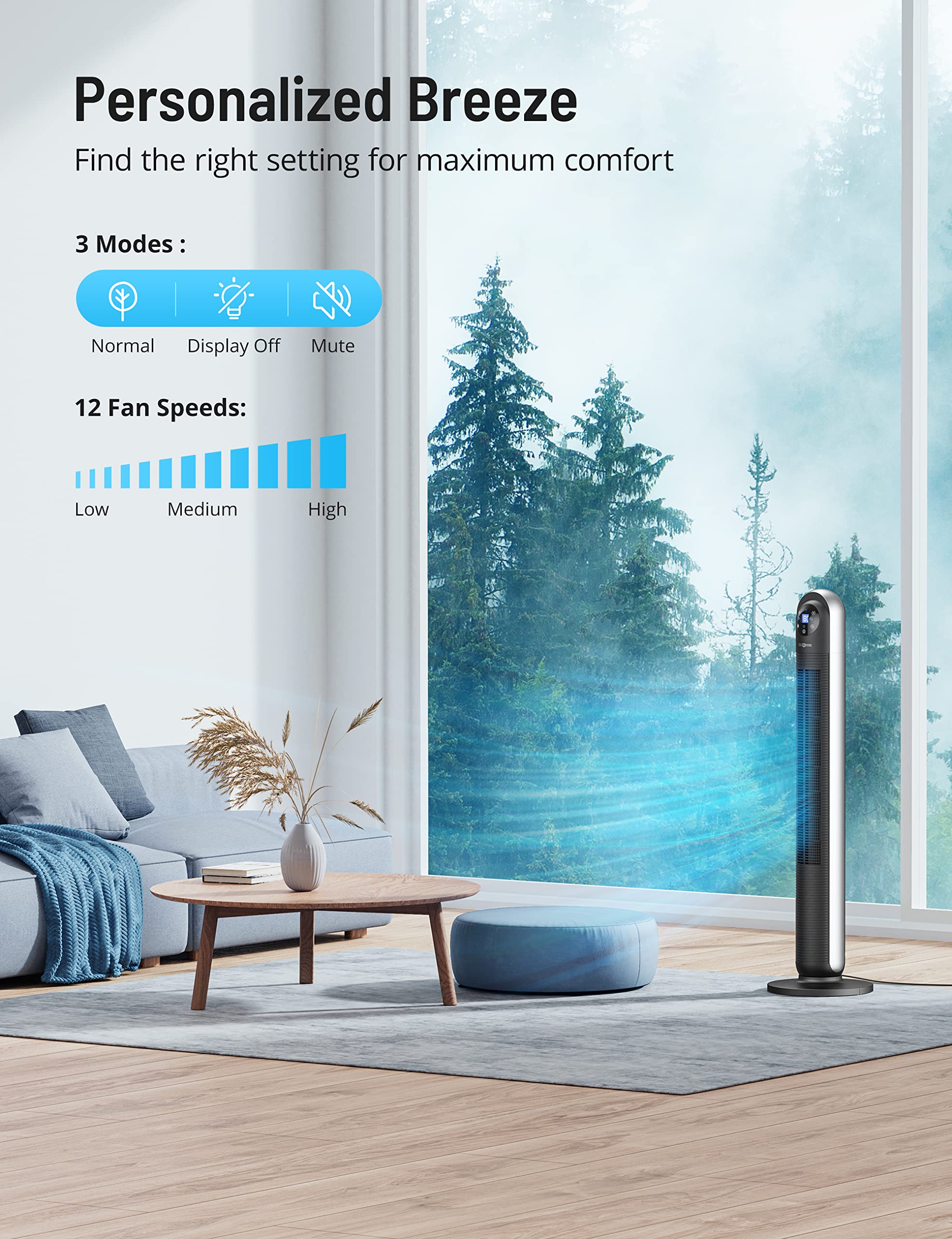 Tower Fan, Paris Rhône Oscillating Tower Fan with 12 Speeds, 24H Timer, 3 Modes, LED Display, Remote Control, Quiet Operation, Portable Bladeless Fan for Bedroom, Living Room, Home Office