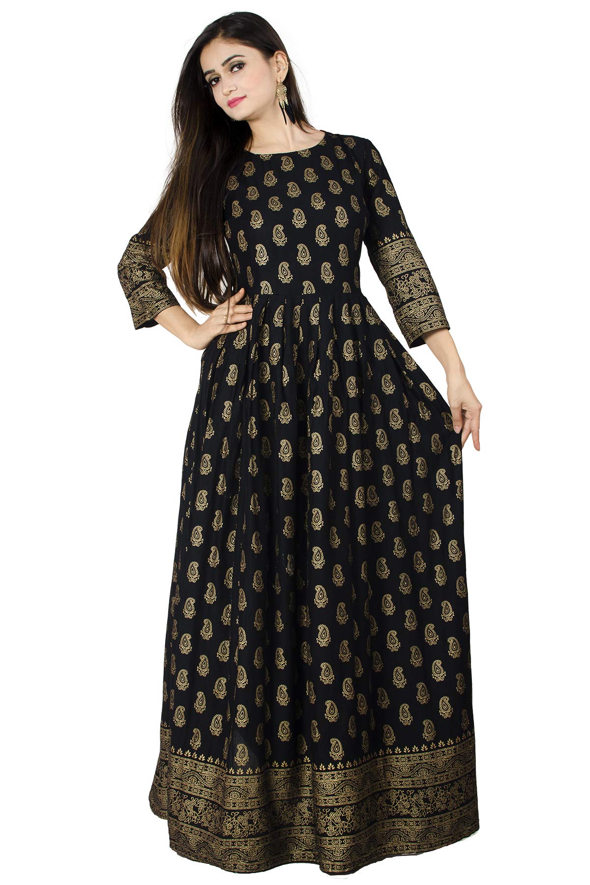 Chandrakala Gold Foil Printed Long Kurti for Women Rayon Indian Anarkali Ethnic Tunic Top Kurta Kurti Dress,Large (K199BLA3)