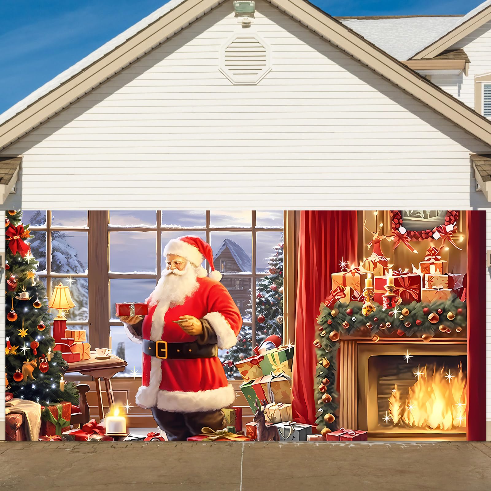 Christmas Banner Garage Door Decorations Christmas Backdrop Decoration Winter Large Door Cover Decoration Indoor Outdoor for Christmas Holiday Party Supplies (Warm)