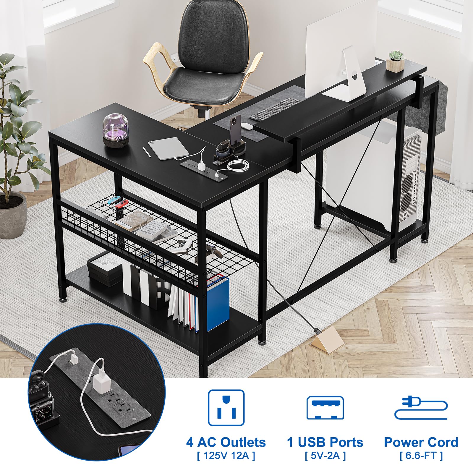 ElectraSpeedy 49" L Shaped Desk with Power Outlet & LED Lights, Reversible Corner Computer Desk with Storage Shelves & Monitor Stand, Home Office Desk for Gaming Writing Study (Pink)