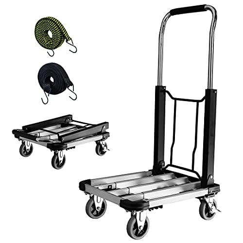 Foldable Platform Cart, Heavy Duty Aluminum Metal Hand Truck Folding Push Carts for Luggage Moving Transportation, 4 Rubber Wheels, 330LB Load Capacity, Come with Bungee Cord