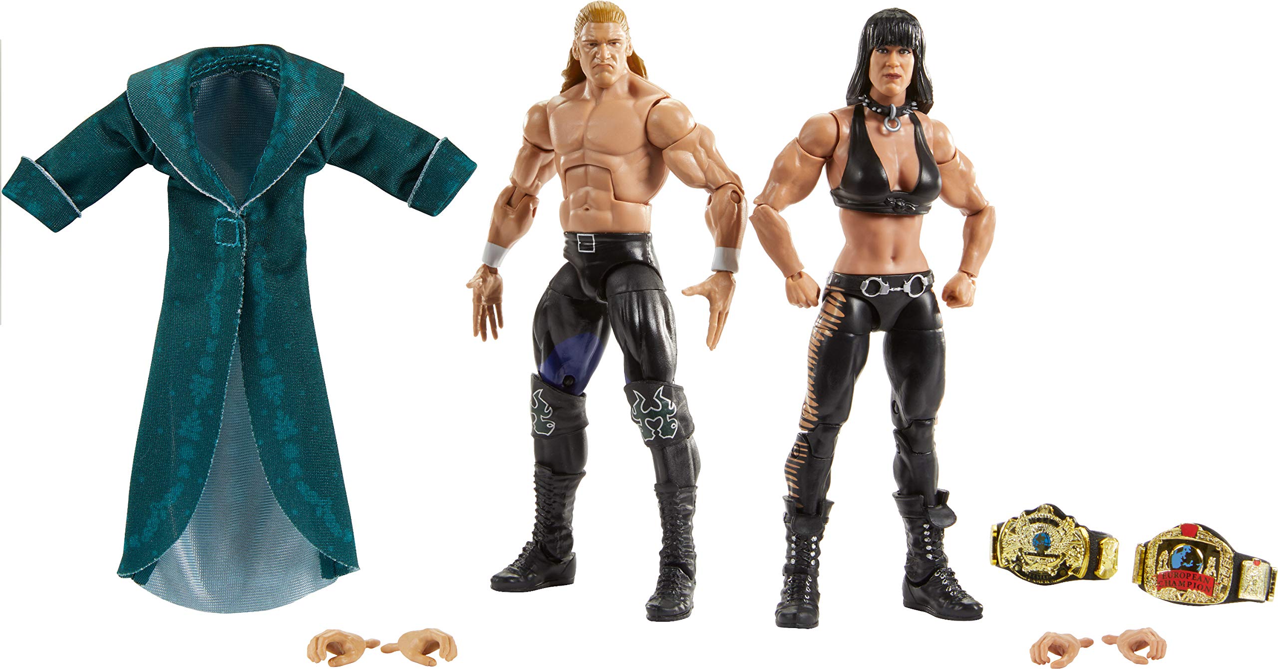 WWE Elite Collection 2-Pack: Triple H & Chyna 6-in Action Figures with 2 Sets of Swappable Hands & Superstar Accessories; Ages 8 Years Old & Up 