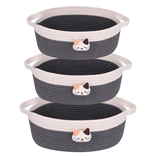 Cotton Rope Baskets, Cube Storage Basket Bins with Handle, Shelf Storage Baskets for Baby Laundry Basket Toy Storage Blanket Storage Nursery Basket Soft Storage Bins Woven Basket, 3 Pack, Gray