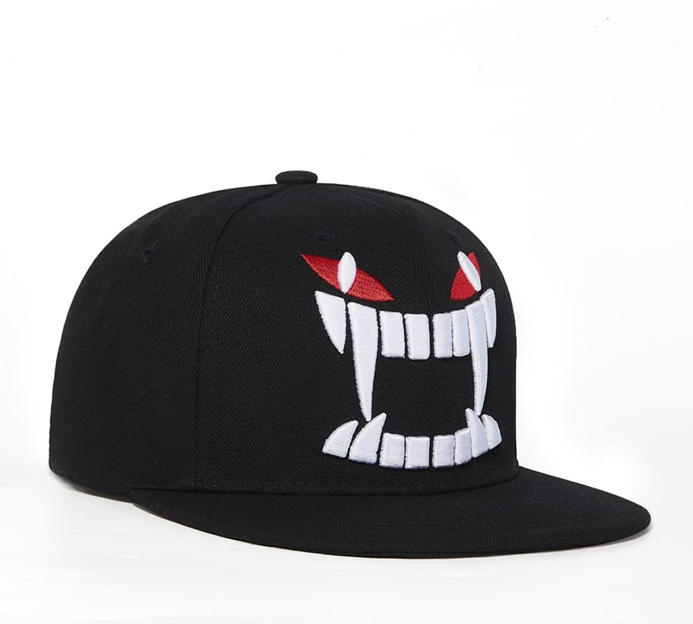 Quanhaigou Men's Black Snapback,Big Teeth Adjustable Baseball Hat 3D Embroidery Cartoon Caps