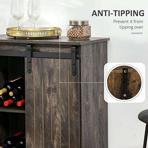 HOMCOM Industrial Sideboard Storage Cabinet, Serving Bar Buffet with Sliding Barn Door and 6-Bottle Wine Rack, Grey