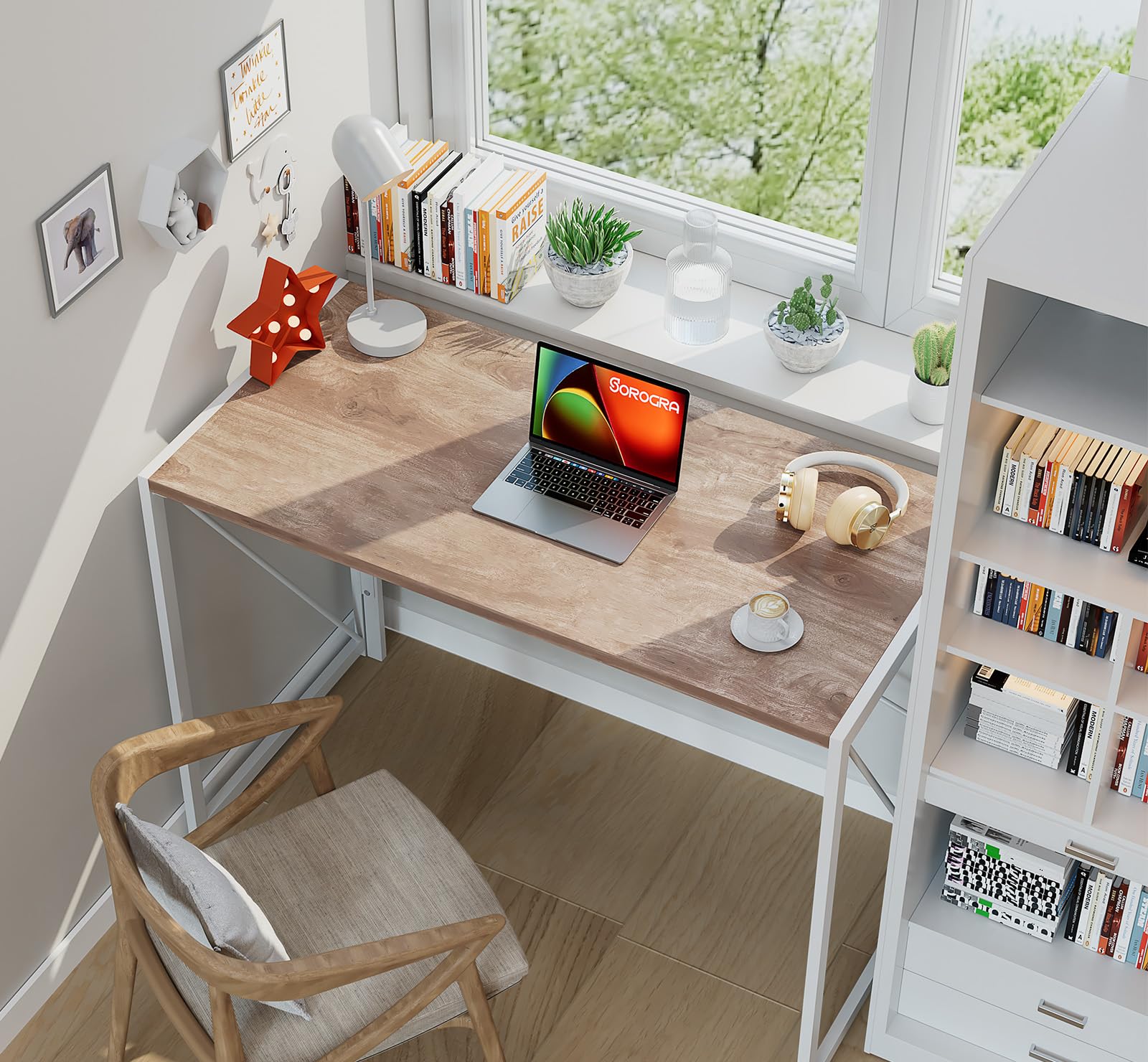 Coavas 39.4 inch Folding Desk No Assembly Required, Writing Computer Desk Space Saving Foldable Table Simple Home Office Desk, Oak