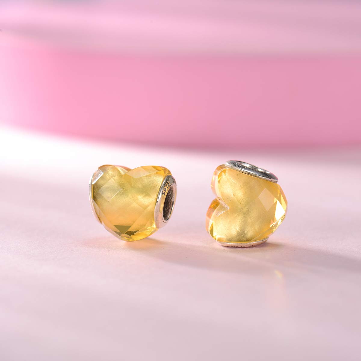 CHANGEABLE Citrine Yellow Charms Murano Glass Beads for Bracelets Love Heart Faceted Stone 925 Sterling Silver