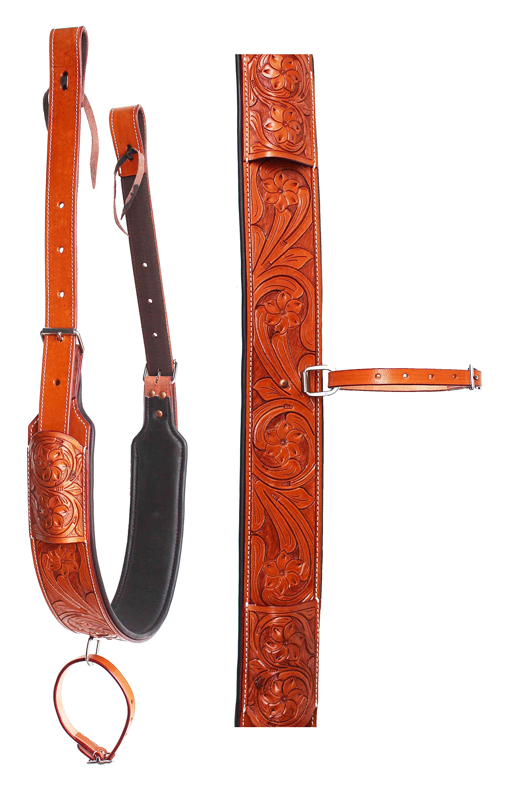 CHALLENGER Horse Handcrafted 3" Wide Floral Tooled Oiled Brown Padded Leather Rear Flank Saddle Cinch Girth with Billets 97122TN