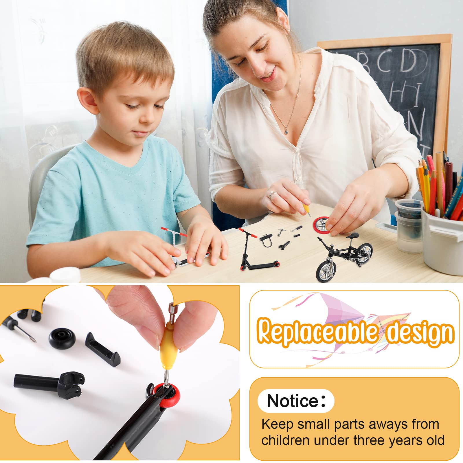Zomiboo 18 Pieces Finger Toy Set Including Alloy Finger Bikes, Finger Scooter, Finger Pants, Replacement Wheels, Bike Lock and Mini Tools Movement Party Favors(Black, White, Blue)