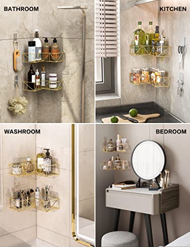 Iperlife Corner Shower Caddy Gold, Adhesive Shower Shelf Corner Shower Organizer with Hooks, 2-Pack Wall Mounted Bathroom Shelf for Inside Shower (Only Fits 90° Right Angle Corner)