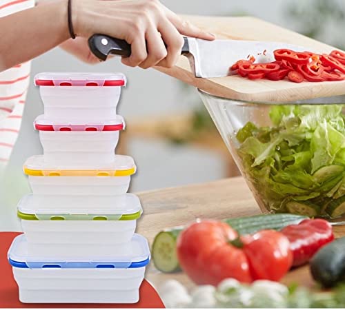 ECOBERI Collapsible Food Storage Containers, Airtight Snap-Top Lids, Microwave, Dishwasher Safe, BPA Free Silicone, Set of 5