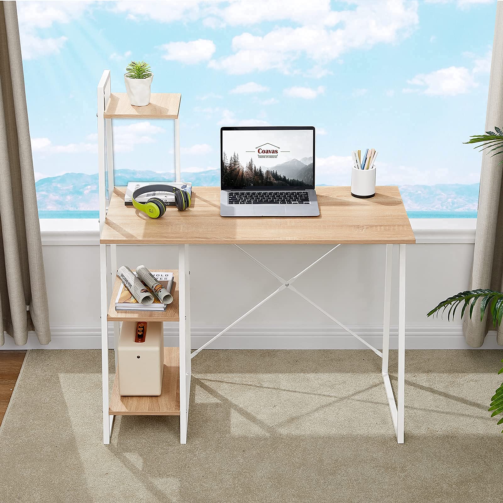Coavas Office Desk Computer-Desk with Shelves 40" Small Desk with Shelves Study Table Desk with Bookshelf for Home Office, Beech
