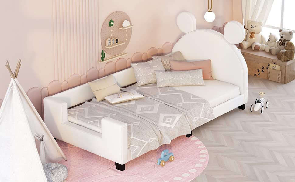 Harper & Bright Designs Twin Size Upholstered Daybed with Carton Ears Shaped Headboard for Kids Boys Girls, White