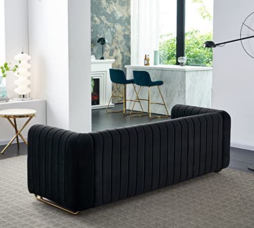 Melpomene Vertical Channel Tufted Velvet Sofa with Round Arm and Gold Metal Legs,Armrest 84.25" W(Black)