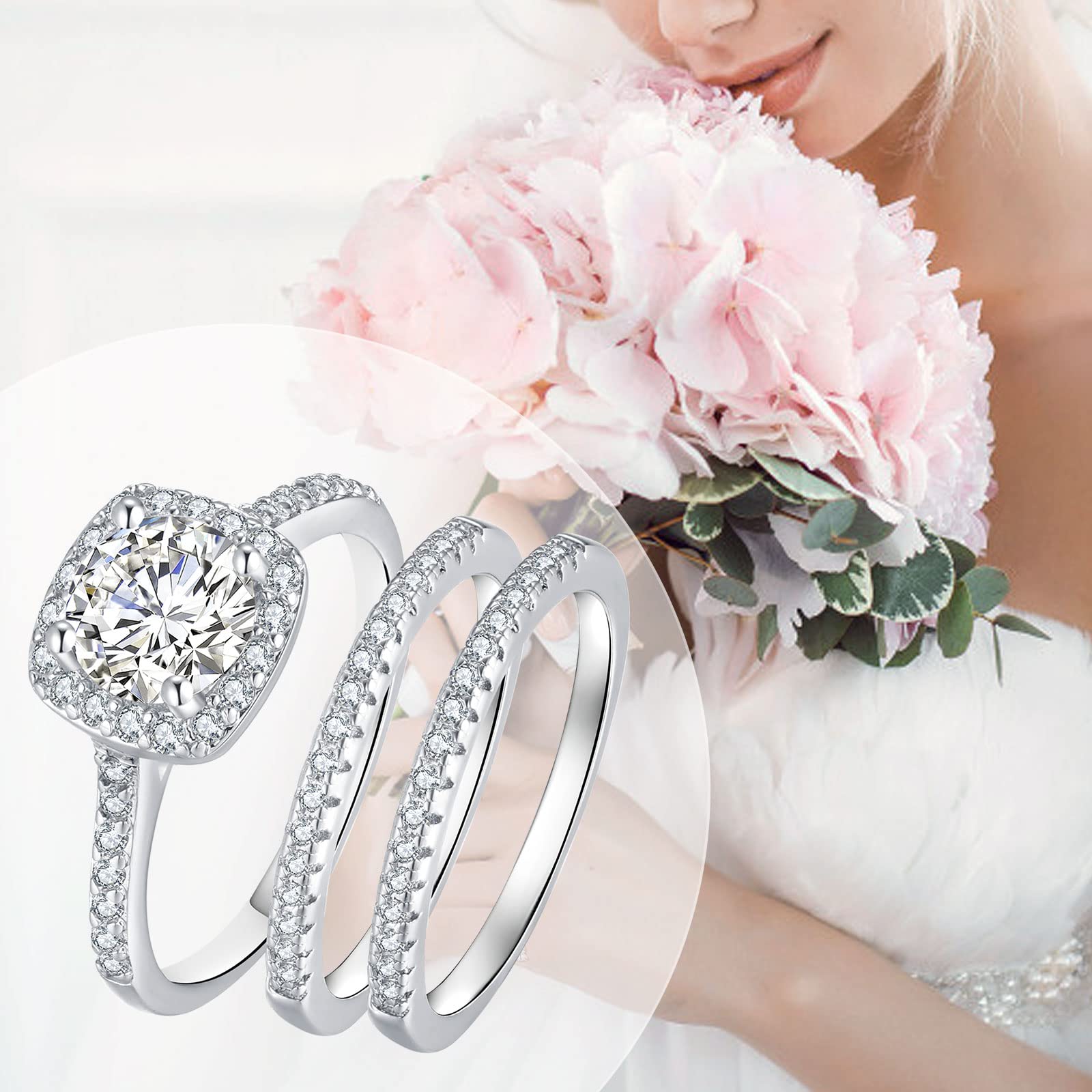 CEJUG 18k White Gold Plated Wedding Rings for Women Engagement Bands Bridal Set Halo Round 2.0Ct Cz Size 7