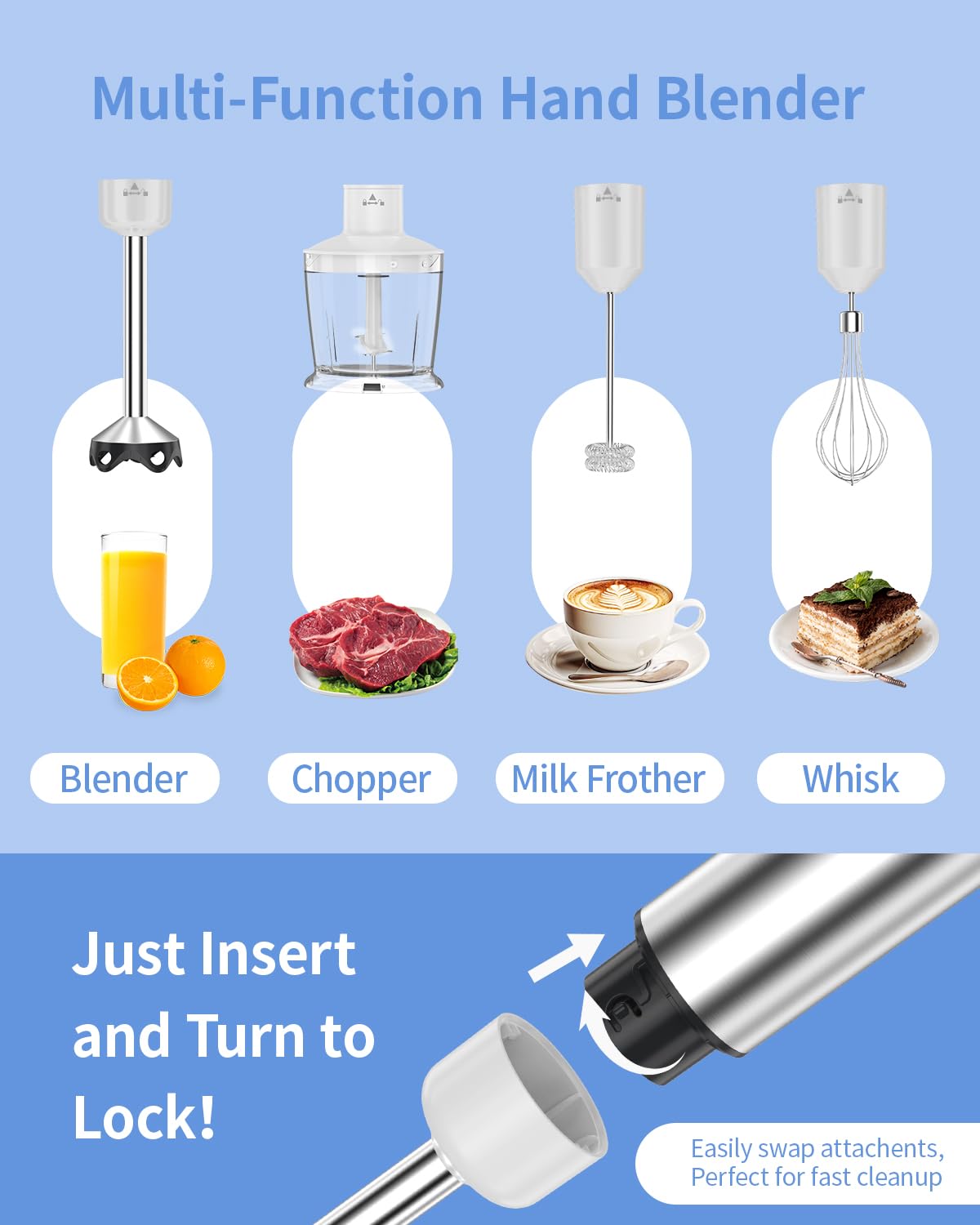 Electric Immersion Blender Handheld 1200W, 5-in-1 Hand Blender Mixer for Kitchen with 20-Speed & Turbo Boost, 600ml Chopper, 800ml Beaker