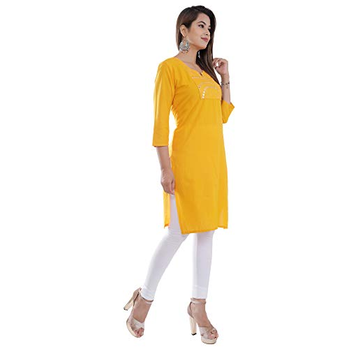 Ramkudi Indian Women's Plain Embroiderd Cotton Straight Kurti Top (Yellow)