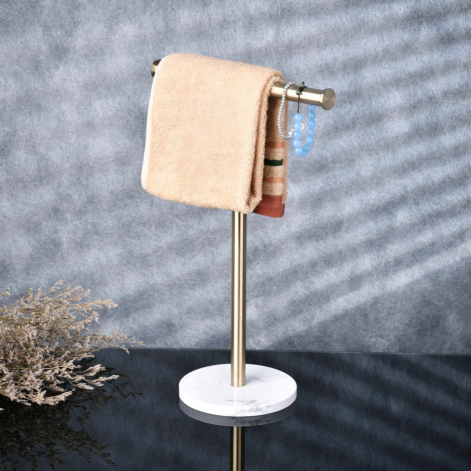 Hand Towel Holder Stand with Marble Base, Single T-Shape Brushed Gold Towel Rack, Hand Towel Stand for Bathroom Countertop,Gold Freestanding Towel Rack