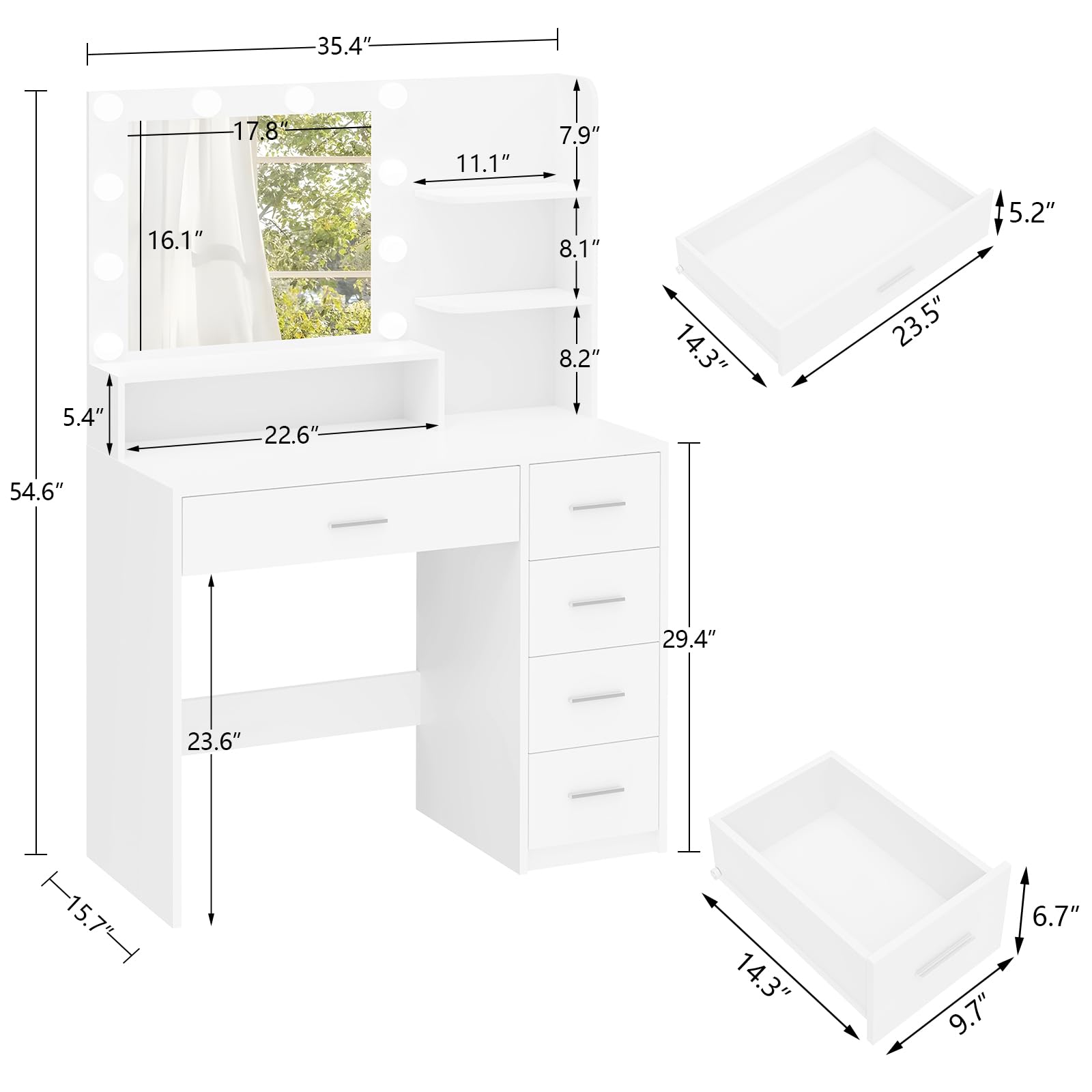 FGNTWP Makeup Vanity Desk with Mirror, 10 Lights, 5 Drawers, 3 Storage Shelves, 3 Color Modes & Adjustable Brightness Dressing Table, 35.4β Desk, White