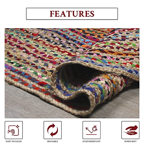 Hand Braided Cotton and Jute Rug - 4x6 feet Oval Reversible Farmhouse Accent Area Rug Boho Rustic Home Decor Colorful Recycled Chindi Carpet