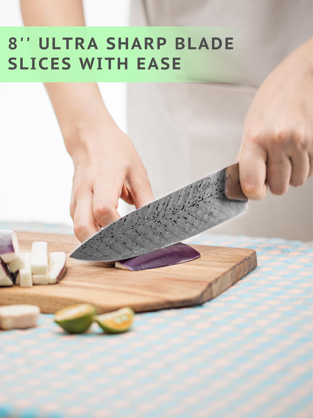 Geschickt Chef knife, Kitchen Knife 8'' with Improved Thicker Handle for Comfort & Balance, Razor Sharp Forged Full Tang Knife, High Carbon Stainless Steel, Ergonomic Design, Grey