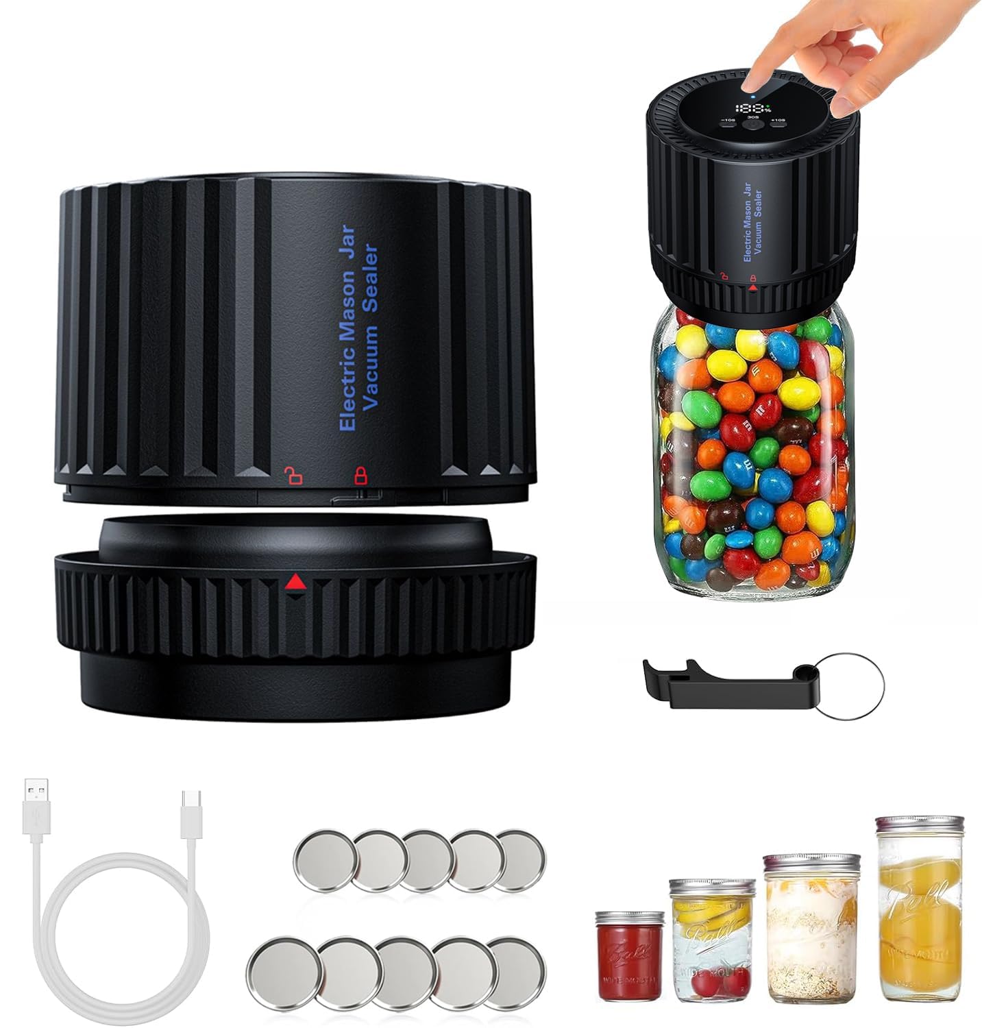 Electric Mason Jar Vacuum Sealer Kit for Wide Mouth and Regular Mouth Mason Jars, MEVERTRY Cordless Auto FoodSaver Vacuum Sealer, Canning Food Storage with LED Count-down Display