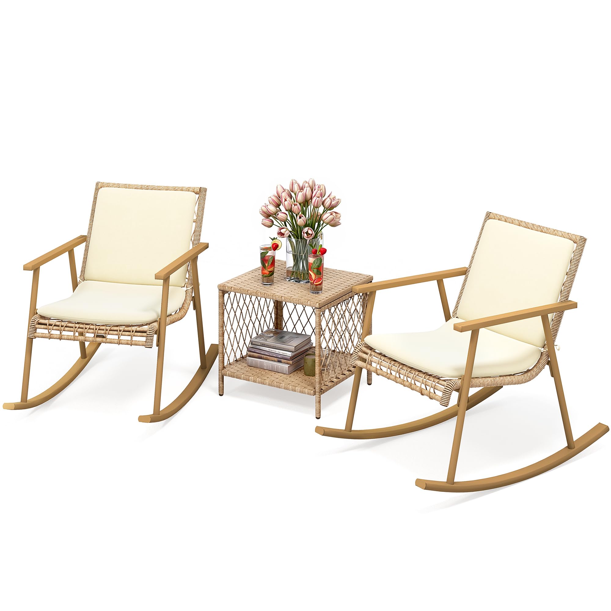 DWVO 3 Pieces Rocking Wicker Bistro Set, Patio Outdoor Conversation Sets with 2-Tier Coffee Table, Oversize Rattan Furniture Set for Garden Backyard Balcony, Beige