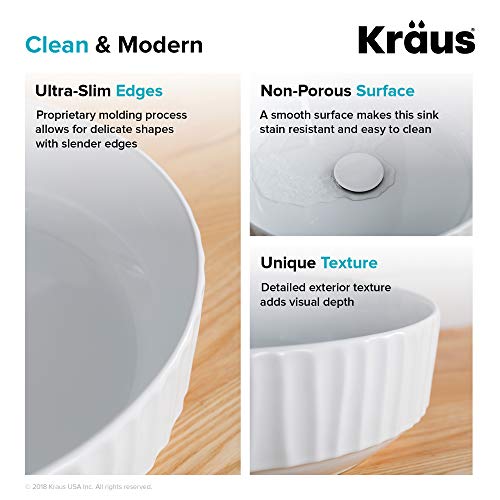 KRAUS Viva™ Round White Porcelain Ceramic Vessel Bathroom Sink with Pop-Up Drain, 15 3/4 in. D x 4 3/4 in. H, KCV-201GWH