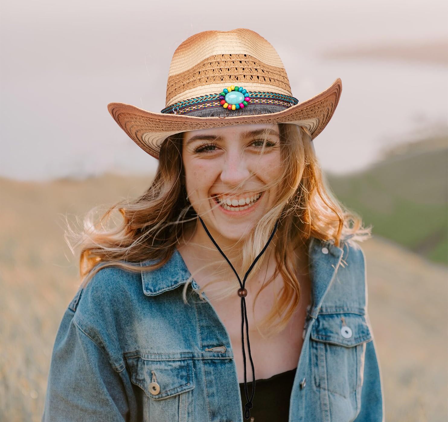 Cowboy Cowgirl Straw Hat with Bands for Women - Western with Wide Brim for Coastal Sun Beach Summer Ivory