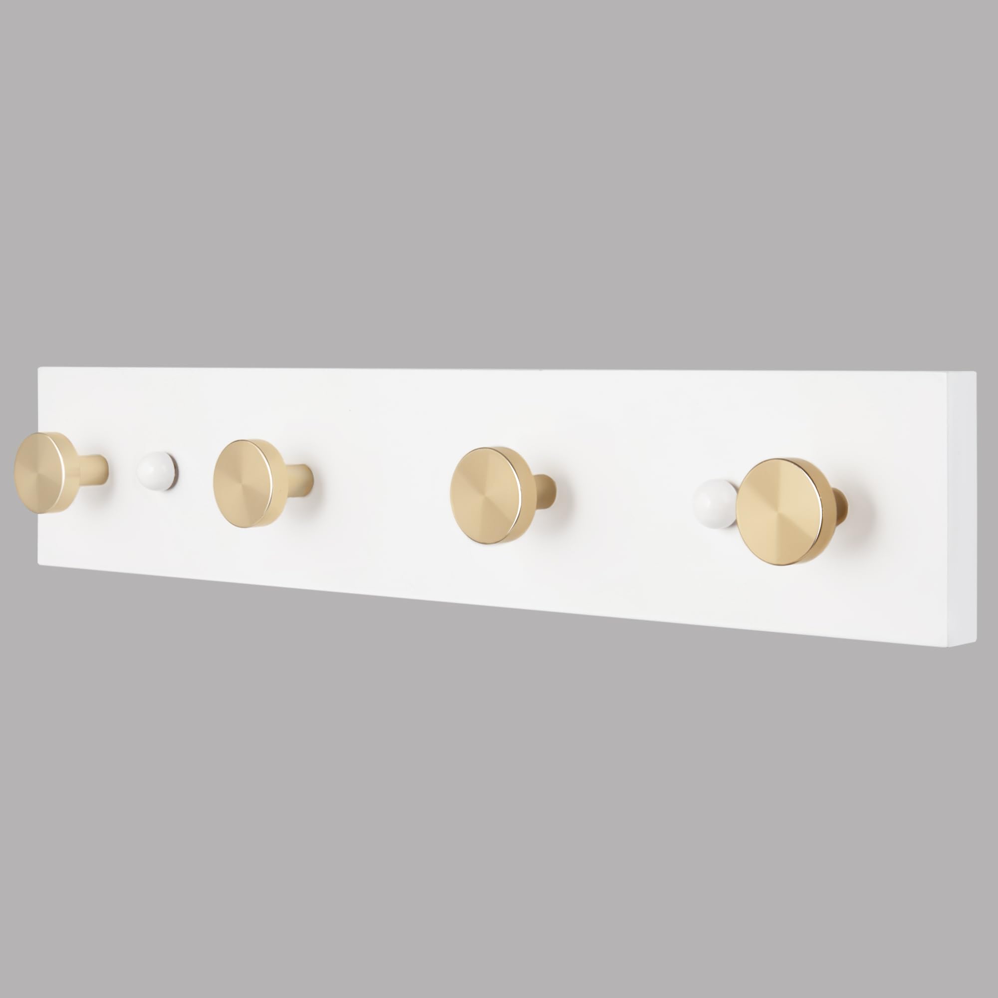 HASWARE 16'' Wall Mount Coat Hooks, Wooden Coat Rack with 4 Hooks Aluminum Wall Hooks, for Hat Towel Hanger Key Bag (White Plate & Golden Hook)