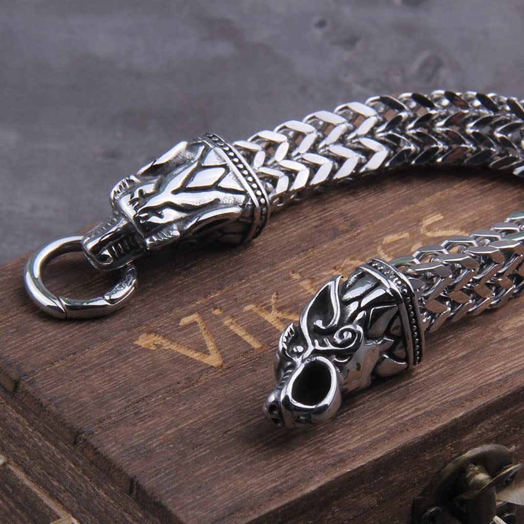 DUSALA Viking Wolf Head Bracelet, Heavy Stainless Steel Chain, Norse Scandinavian Jewelry (Color : Silver, Size : 23CM)