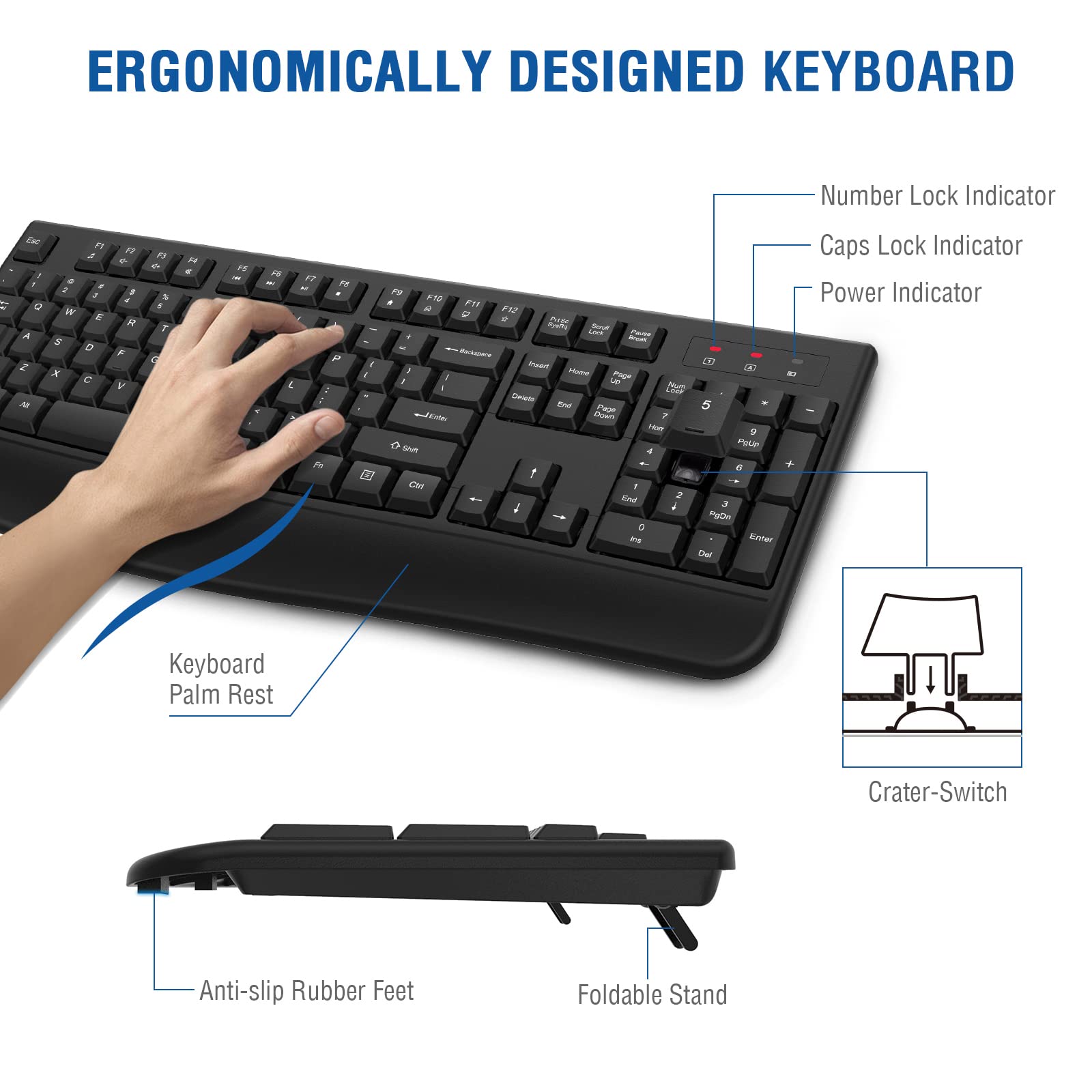 EDJO Wireless Keyboard, 2.4G Ergonomic Full Size Wireless Computer Keyboard with Wrist Rest for Windows, Mac OS Desktop/Laptop/PC(Black)