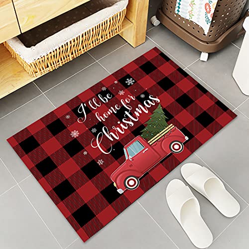 Christmas Kitchen Mat Set of 2, Red Truck Non-Slip Floor Mat Set, Red Buffalo Plaid Xmas Tree Kitchen Rug Runner for Bathroom Living Room, Microfiber Doormat Washable Carpets Holiday Rugs