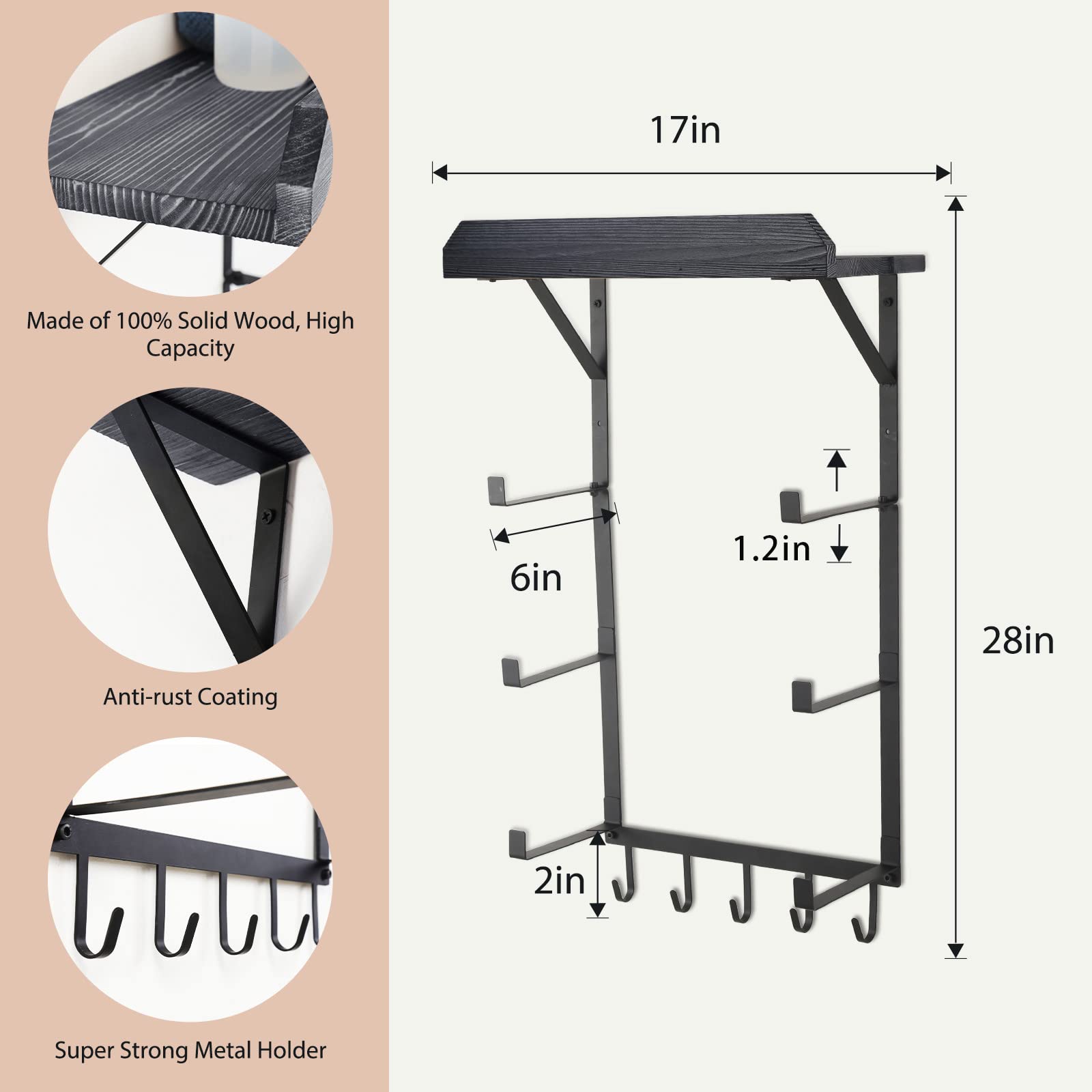 DOCMON Yoga Mat Holder Wall Mount,17" x 28" Yoga Mat Rack Home Gym Accessories, Storage for Foam Roller, with Wood Floating Shelves for Hanging Yoga Strap and Resistance Bands