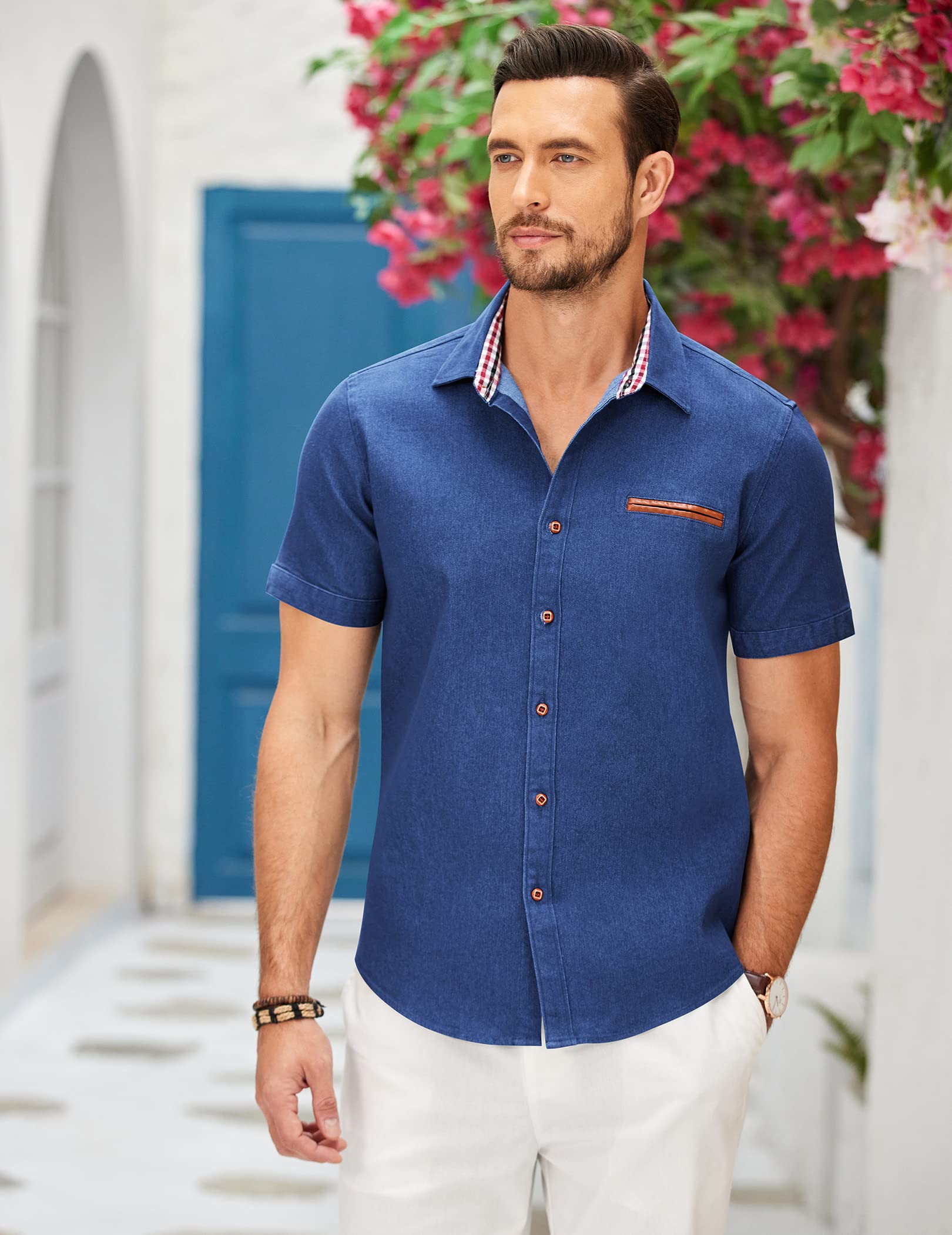 COOFANDY Short Sleeved Shirts Men Casual Button Down Dress Shirt Denim Work Shirts, Dark Blue, X-Large