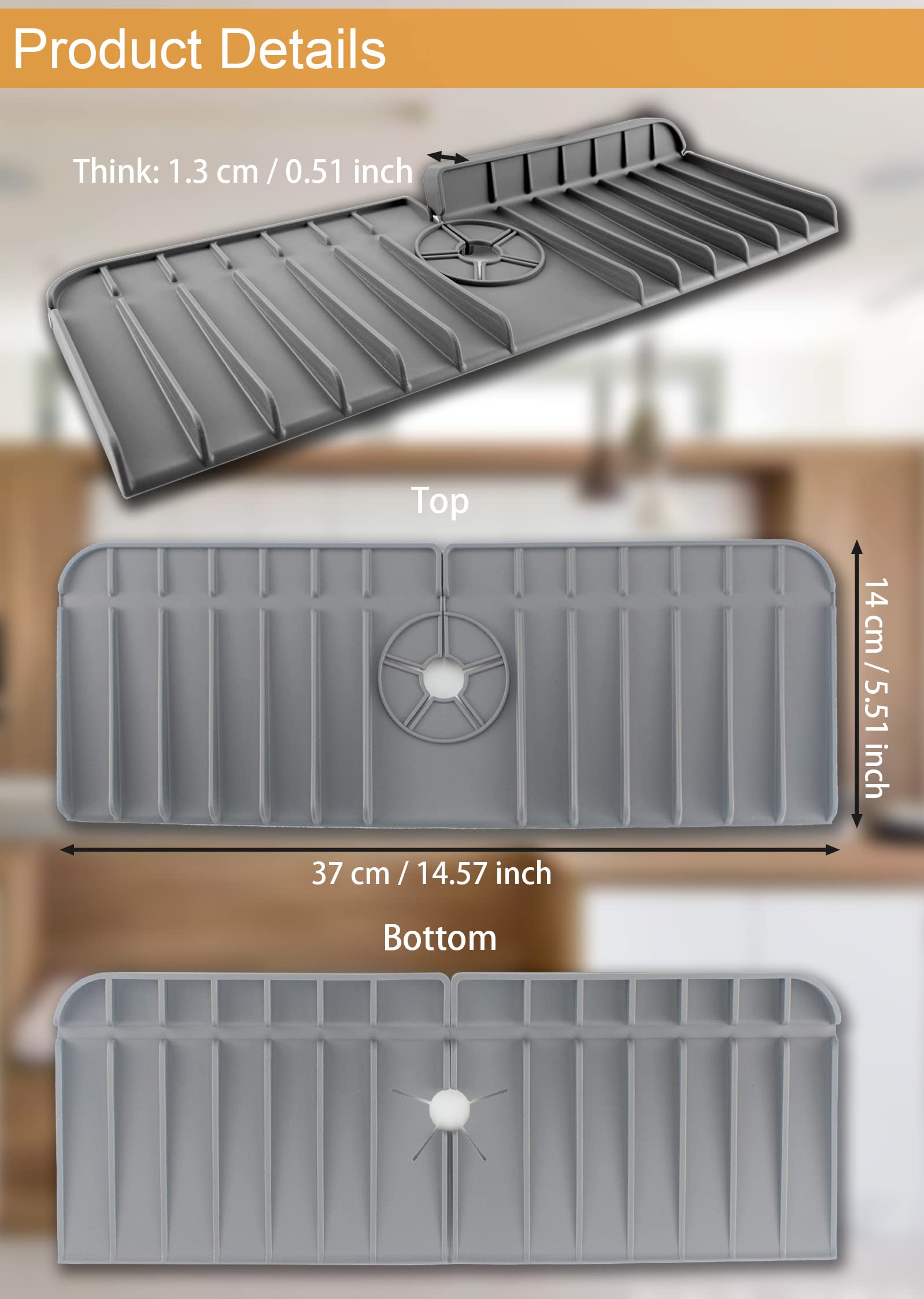 Encoli Silicone Faucet Splash Guard Mat Drip Catcher -Slanted Floor AUTO Drain Water, Sink Draining Pad Behind Faucet, Backsplash Guard, for Kitchen Bathroom Bar Countertop (Grey)
