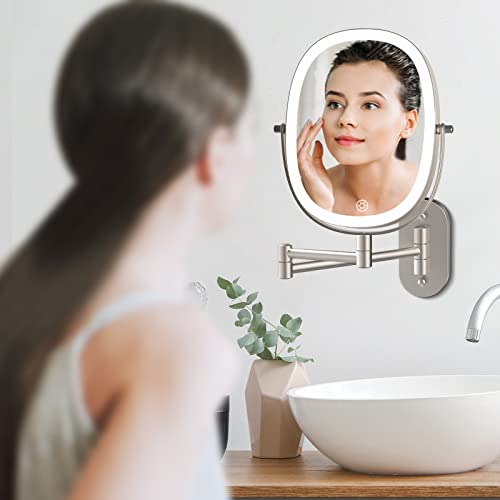 Rechargeable Wall Mounted Lighted Makeup Vanity Mirror, Double Sided 1X/7X Magnifying Mirror, 3 Color Lighting Option Dimmable, 360 Rotation Extension Foldable Arm, Oval Frame Shaving Light up Mirror