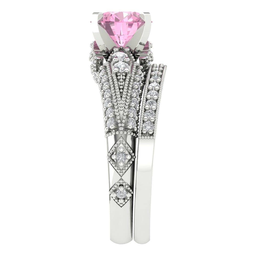 Clara Pucci 2.10ct Round Cut Solitaire Accent Pink Simulated Diamond Engagement Promise Bridal Ring Band set 14k White Gold 6.5