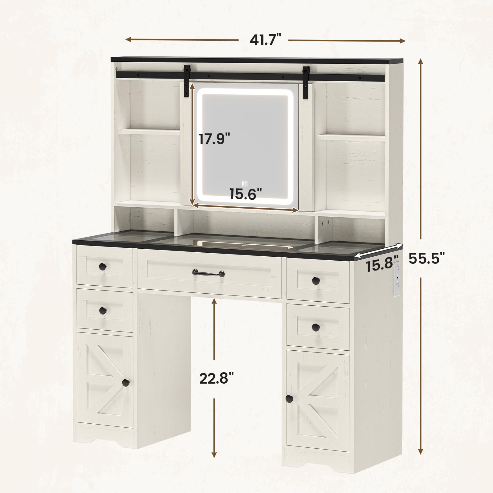 HAUOMS Farmhouse Makeup Vanity Desk with Sliding Lighted Mirror, Glass Top Vanity Desk with Power Outlet, Rustic Vanity Set, Antique White