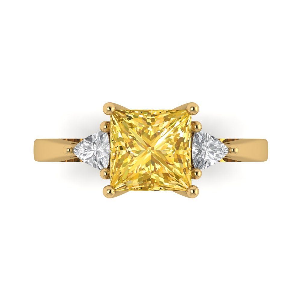 Clara Pucci 2.3ct Princess Trillion cut 3 stone Solitaire Citrine Designer Wedding Bridal art deco Anniversary Ring 14k Yellow Gold 7.75