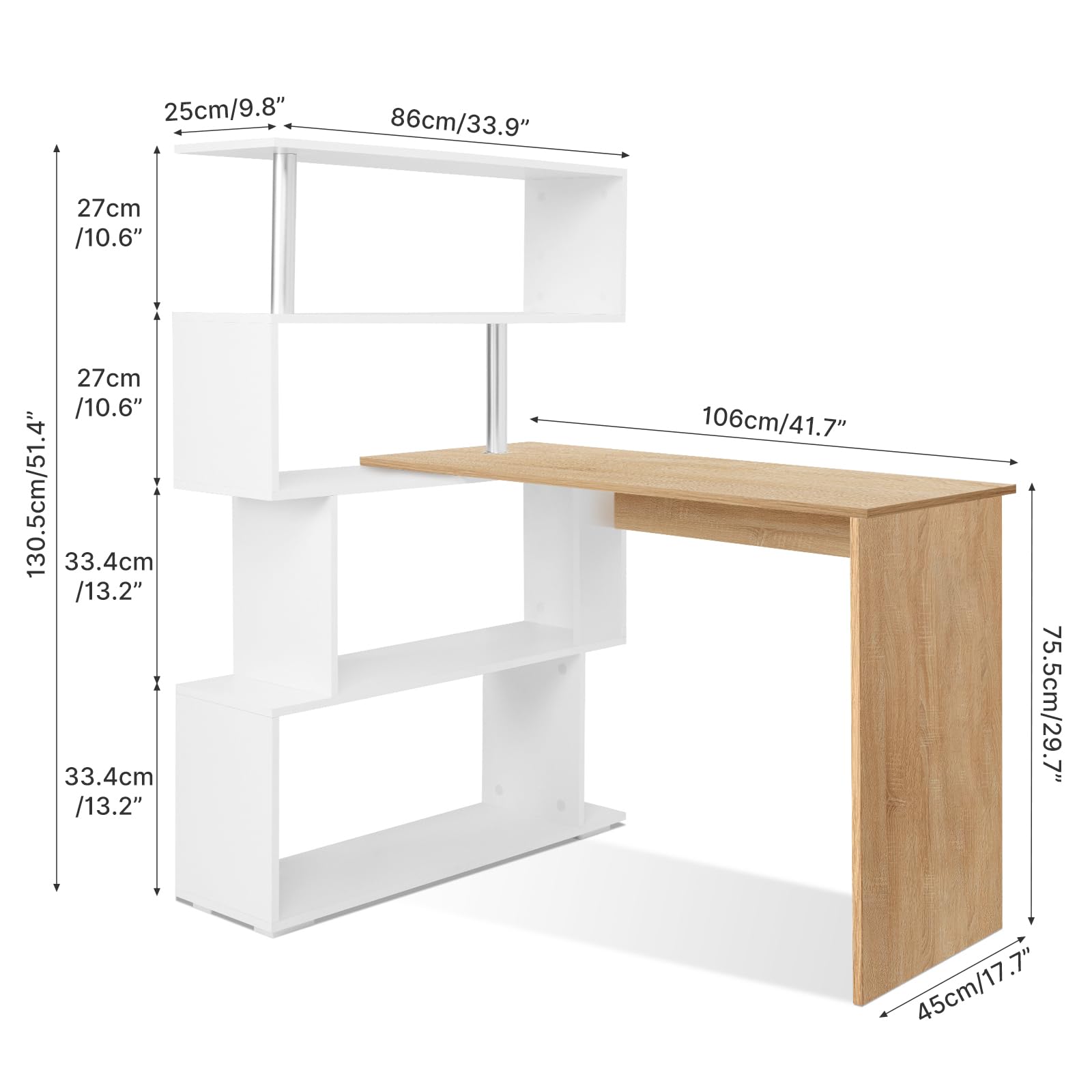 Mondeer 41.7" L Shaped Desk with 4-Tier Storage Shelves, Computer Corner Desk for Study Home Office Living Room (Oak and White)