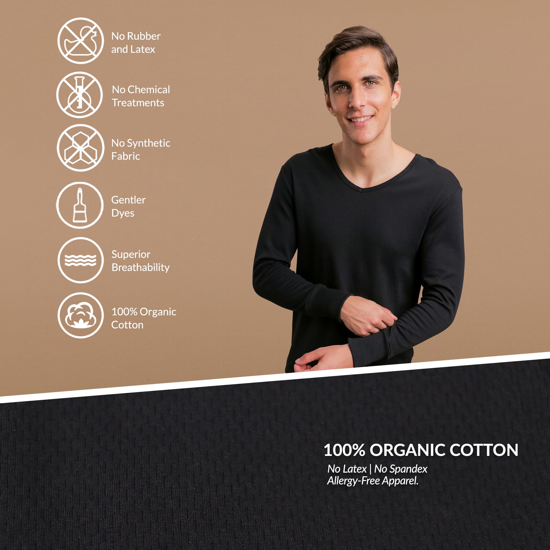 Cottonique Hypoallergenic Men's Thermal Base Layer Long Sleeve Made from 100% Organic Cotton (M, Black)